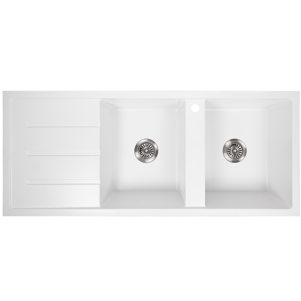 Alma Darlene 1200x500 White Granite Left Drainboard Double Bowl Tap La ...